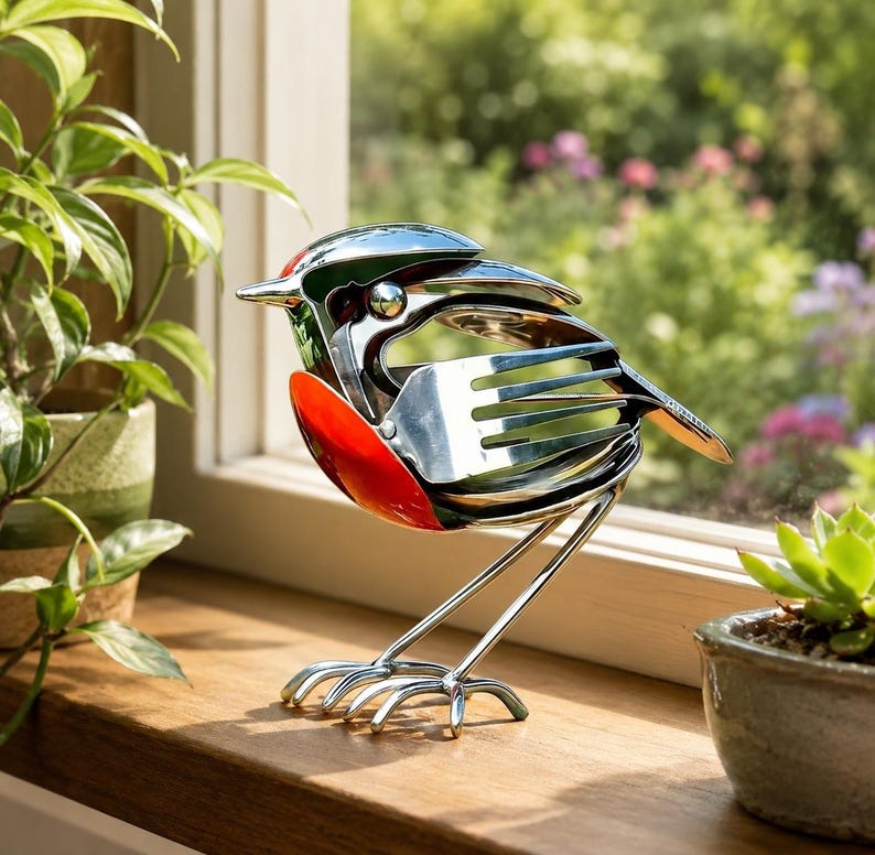 Handmade Metal Robin Garden Sculpture, Silver Outdoor Art Decoration ...