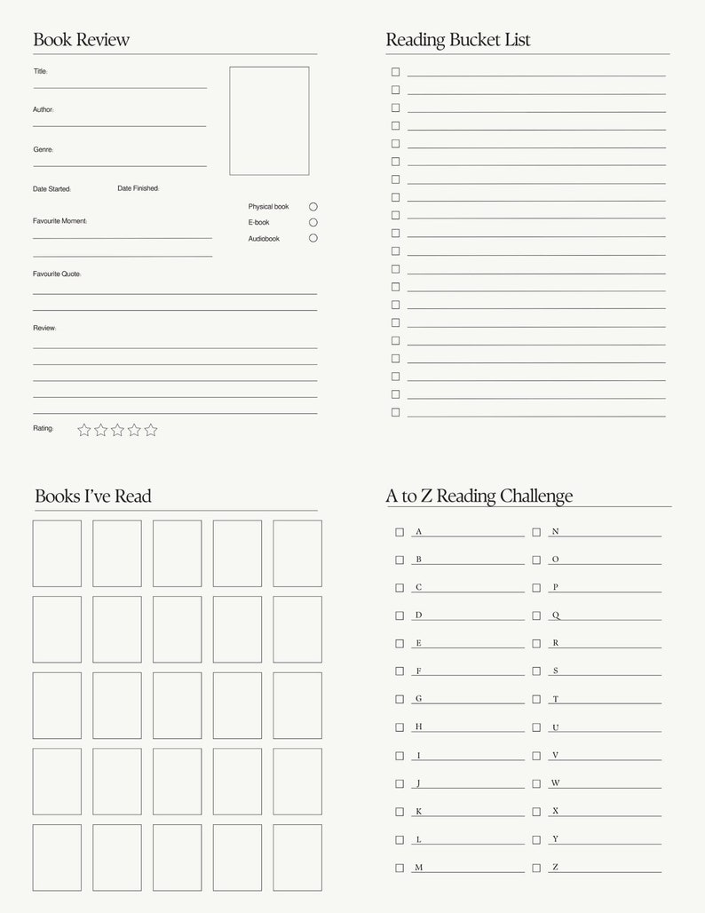 Digital & Printable Book Journal Pages for Reading Enthusiasts A to Z ...