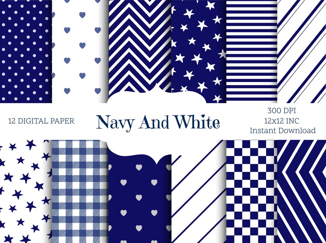 Navy and White Digital Paper, Blue Patterns Pack, Stripes Hearts Stars ...