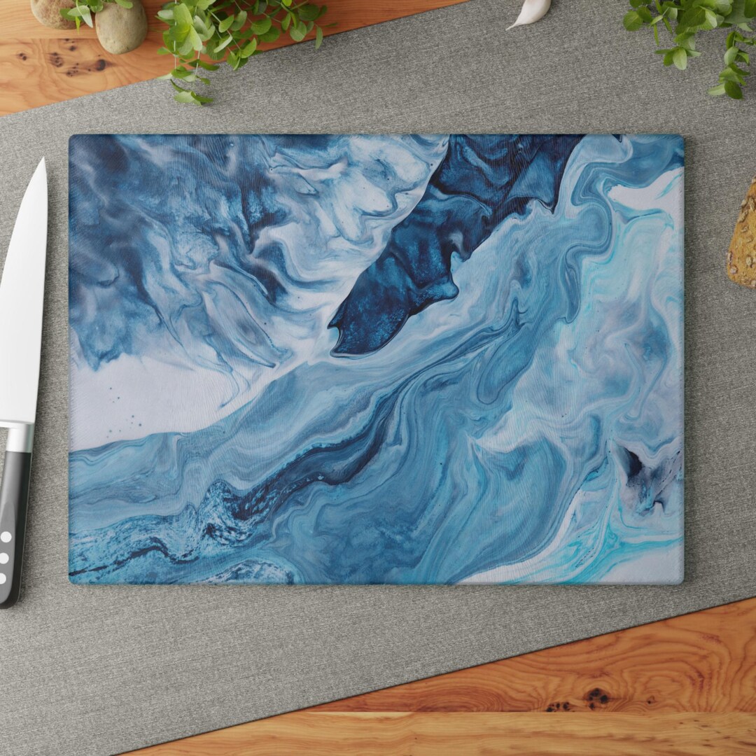 Abstract Blue Marble Glass Cutting Board, Textured Tempered Glass ...