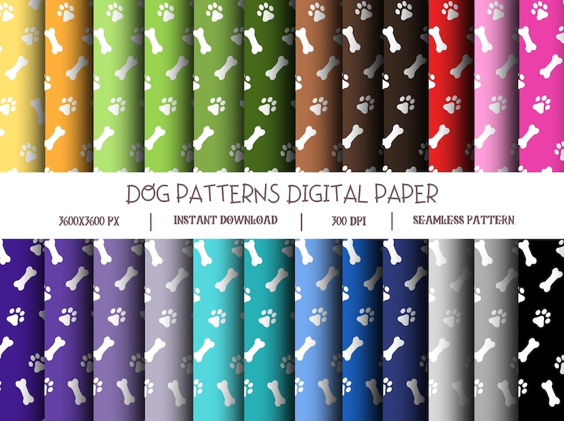 Dog Bone Digital Paper Pack, Paw Print Backgrounds, 24 Colors, Seamless ...