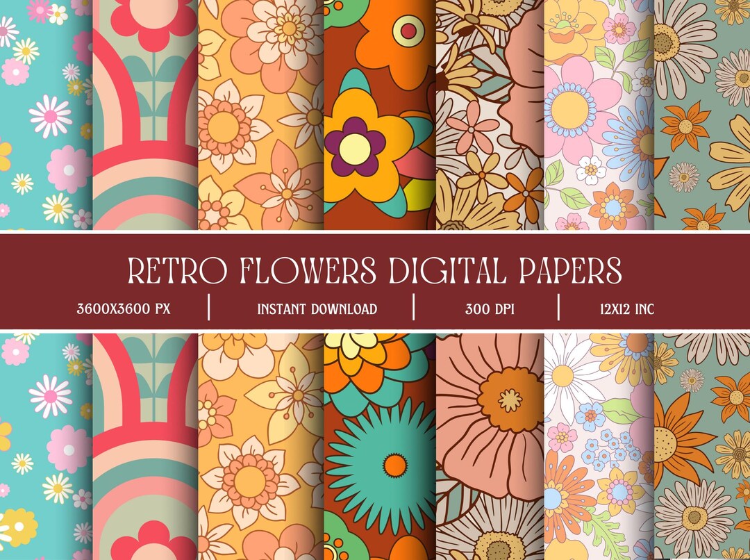 Retro Flower Patterns Digital Paper, 70s Floral Backgrounds, 15 Seamless Vintage Floral ...