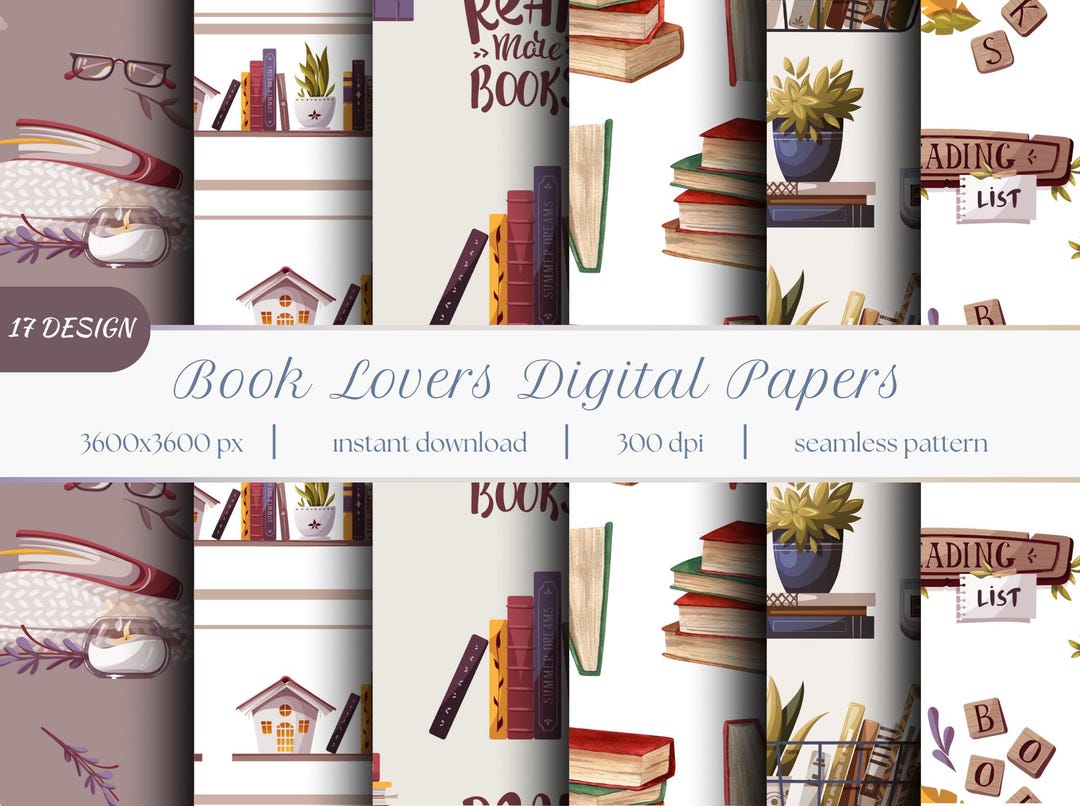 Book Lovers Digital Papers Pack - 17 Book Themed Designs - Books ...