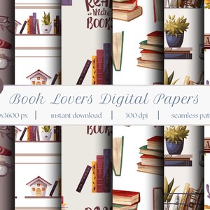 Book Lovers Digital Papers Pack - 17 Book Themed Designs - Books ...