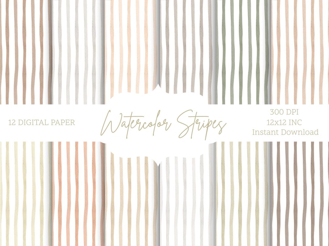 Watercolor Stripe Digital Paper Set, Neutral Hand Painted Lines ...