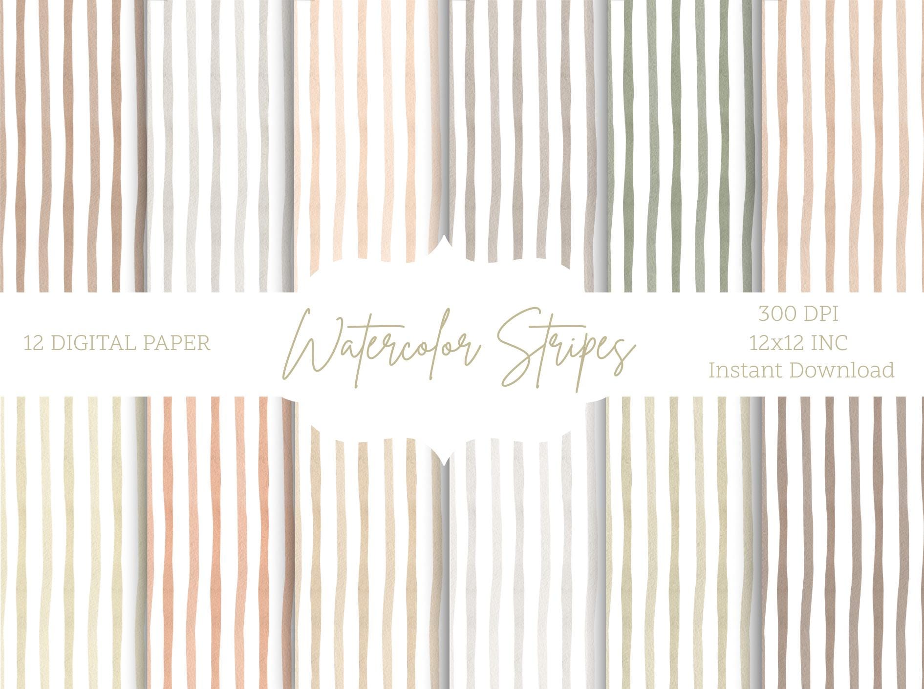 Watercolor Stripe Digital Paper Set, Neutral Hand Painted Lines ...
