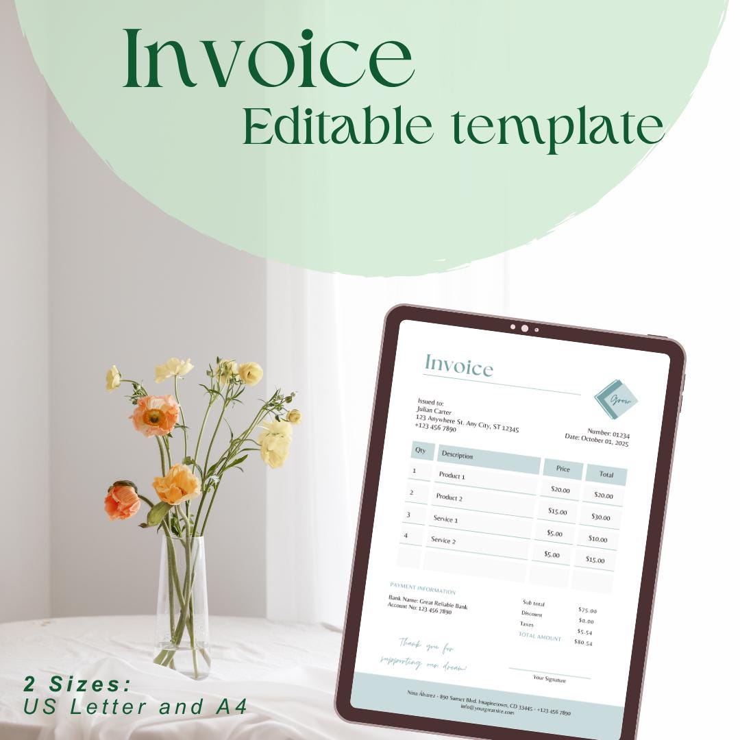 Editable Business Invoice Template. Modern Canva Invoice for Small ...