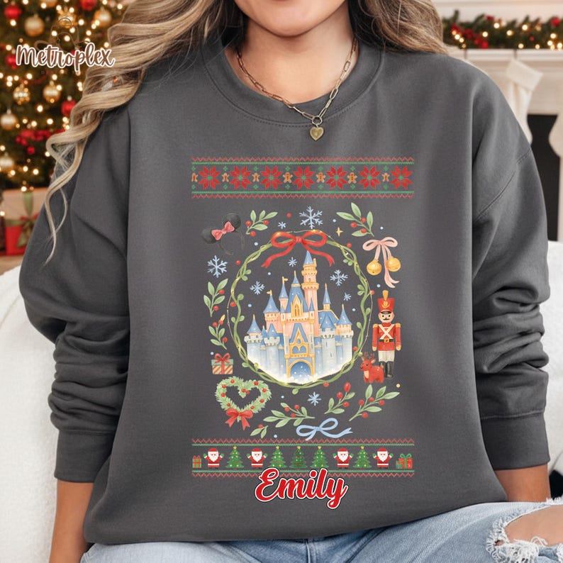 Custom Name Disney Castle Christmas Tee, Coquette Bow Holiday Shirt - Etsy