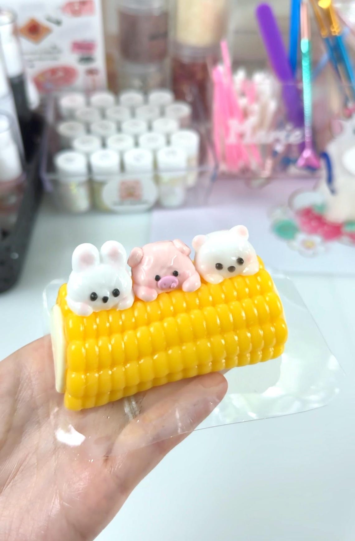 Cute Animals on the Corn Taba Squishy Toy, Soft Stress Relief, Kawaii ...