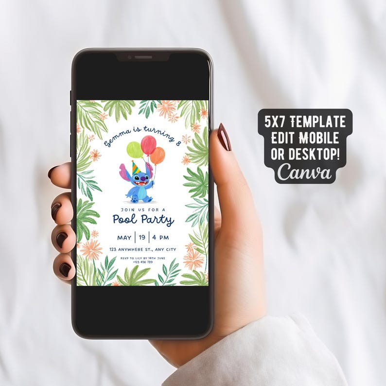 HAND-DRAWN Stitch Pool Party Invitation, Tropical Summer Birthday ...