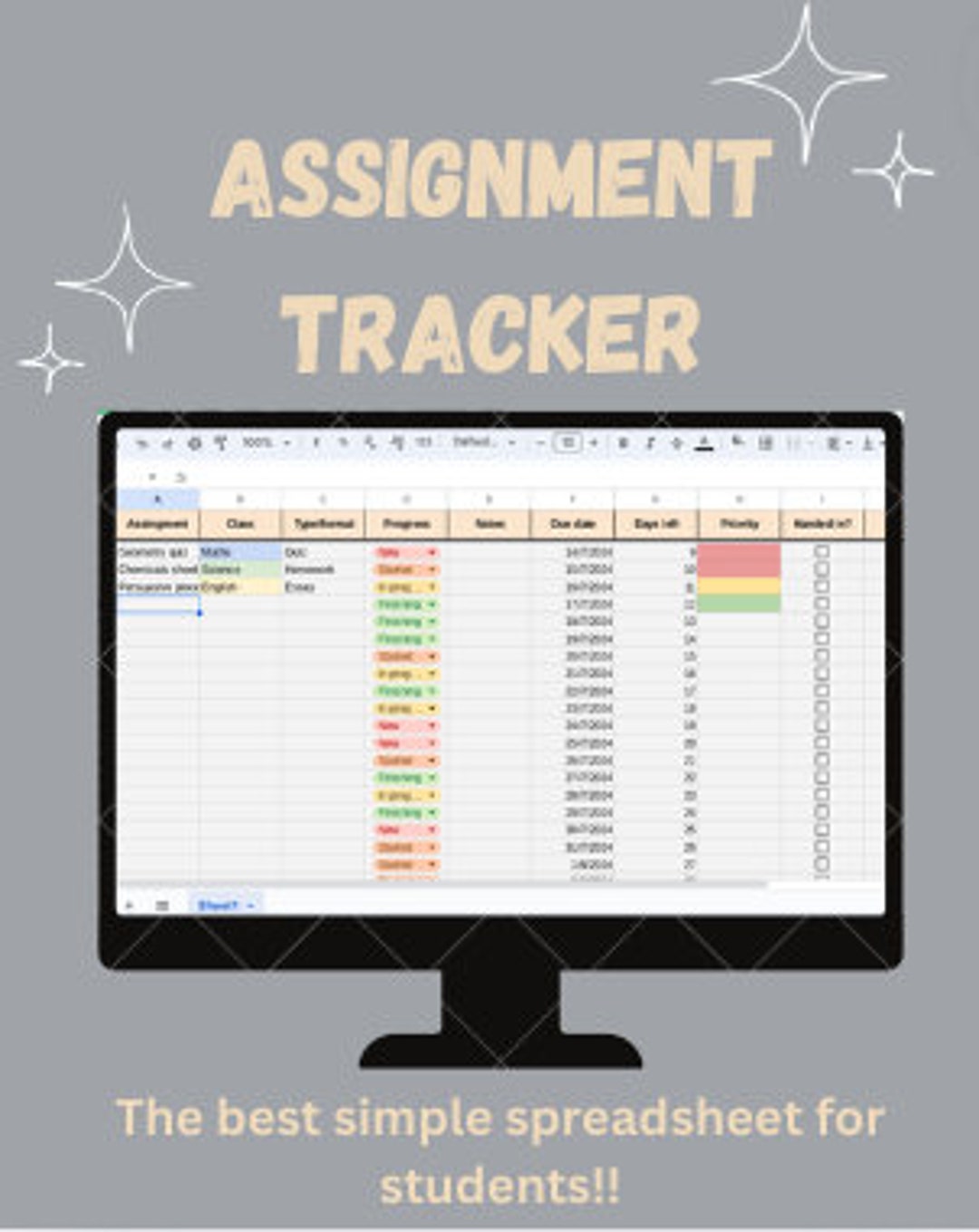 Student Assignment Tracker Google Sheets Spreadsheet - Etsy
