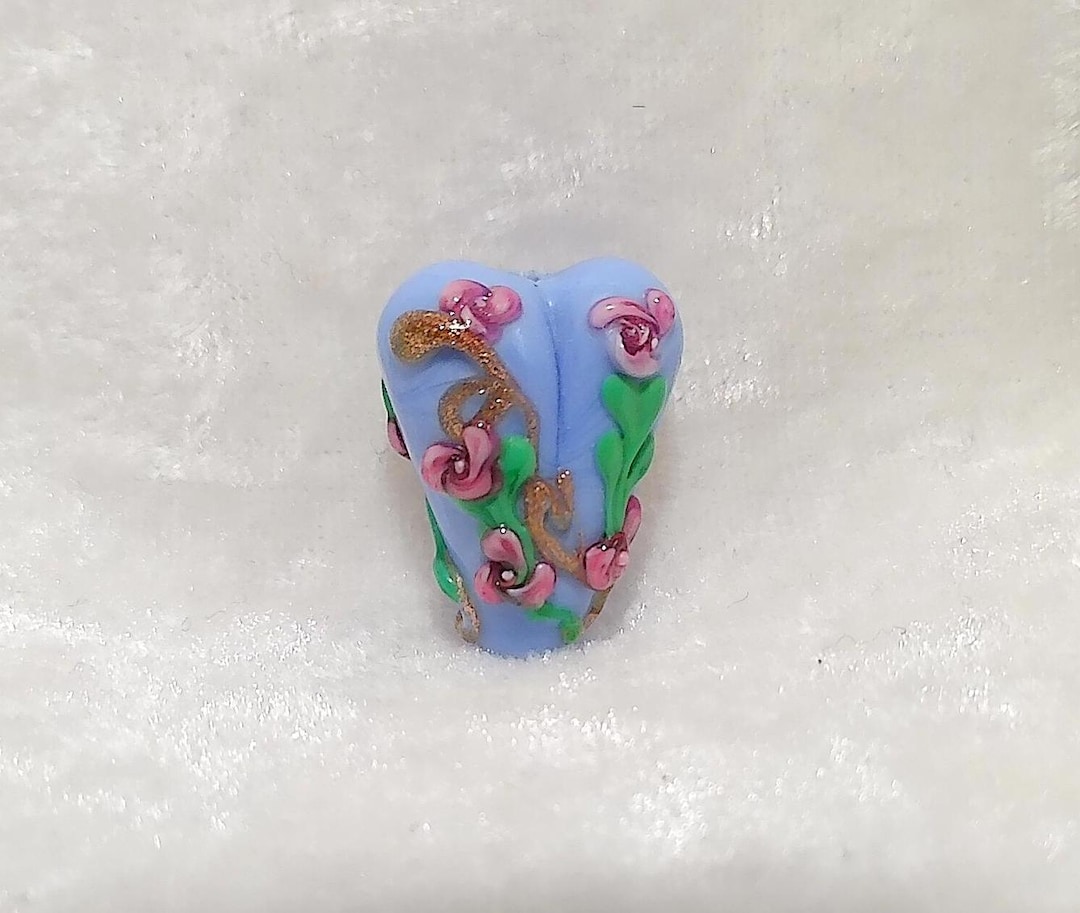 Periwinkle Blue Focal Heart Bead With Pink Roses | Handmade Lampwork ...
