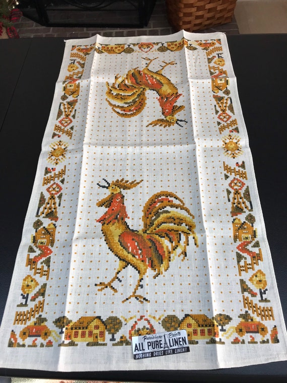 Vintage NOS Parisian Prints All Pure Linen Gold Rooster Dish or Tea ...