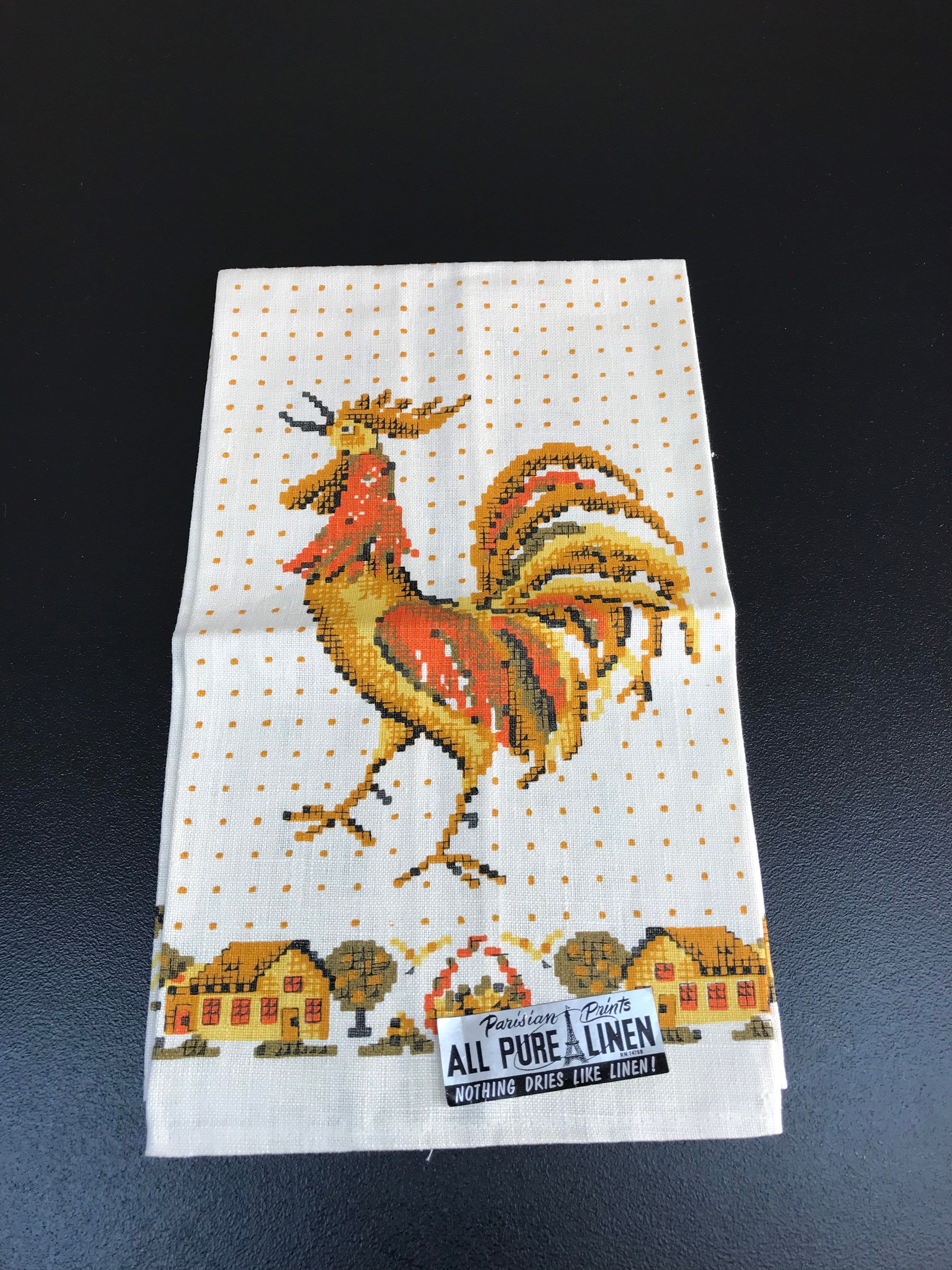 Vintage NOS Parisian Prints All Pure Linen Gold Rooster Dish or Tea ...