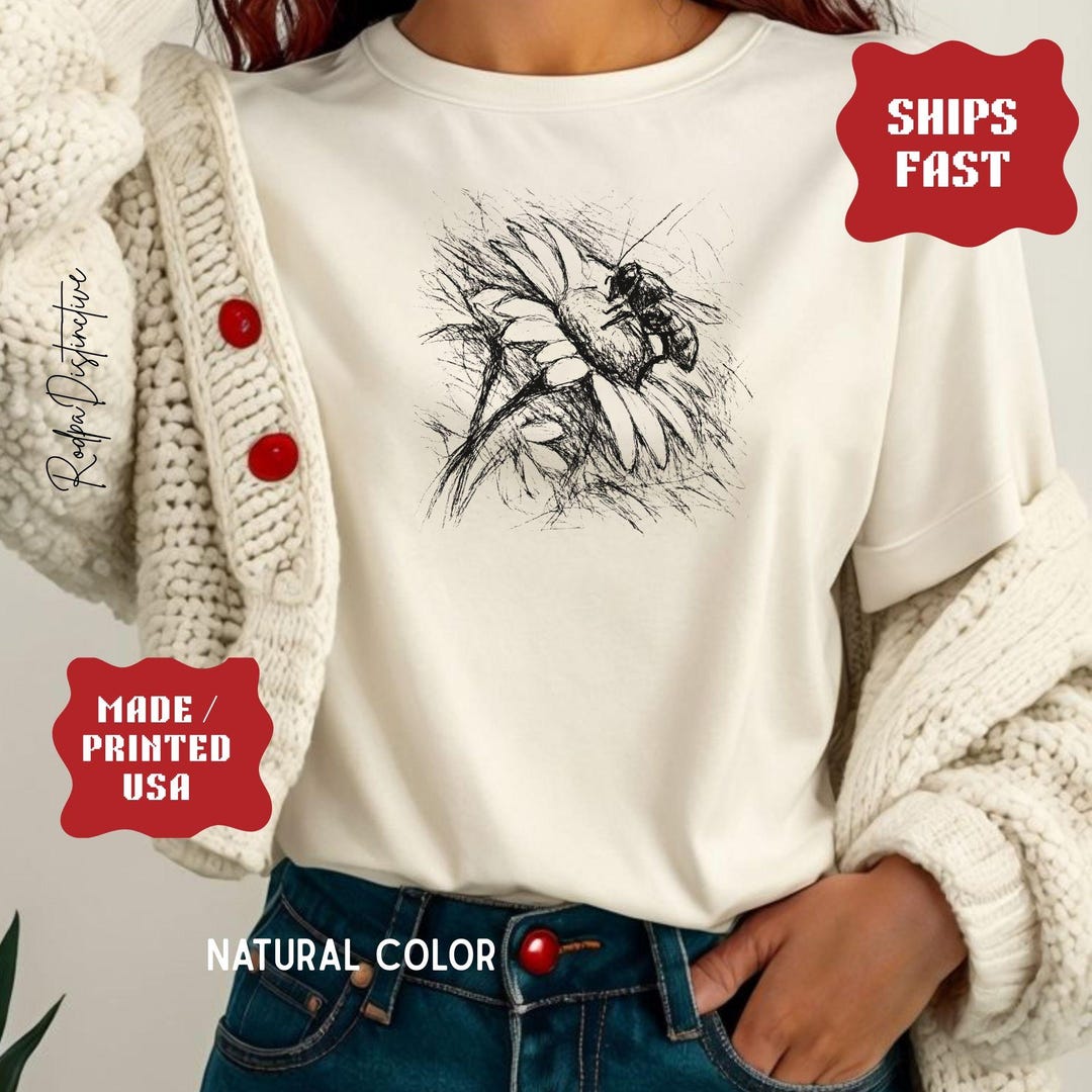 Bee on Flower T-shirt – Botanical Sketch Bee Tee, Nature Lover Shirt ...