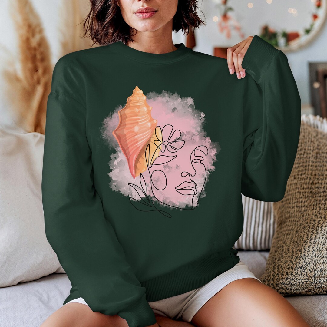 Woman Face Cobo Shell and Flowers Sweatshirt, Floral Feature Jumper ...