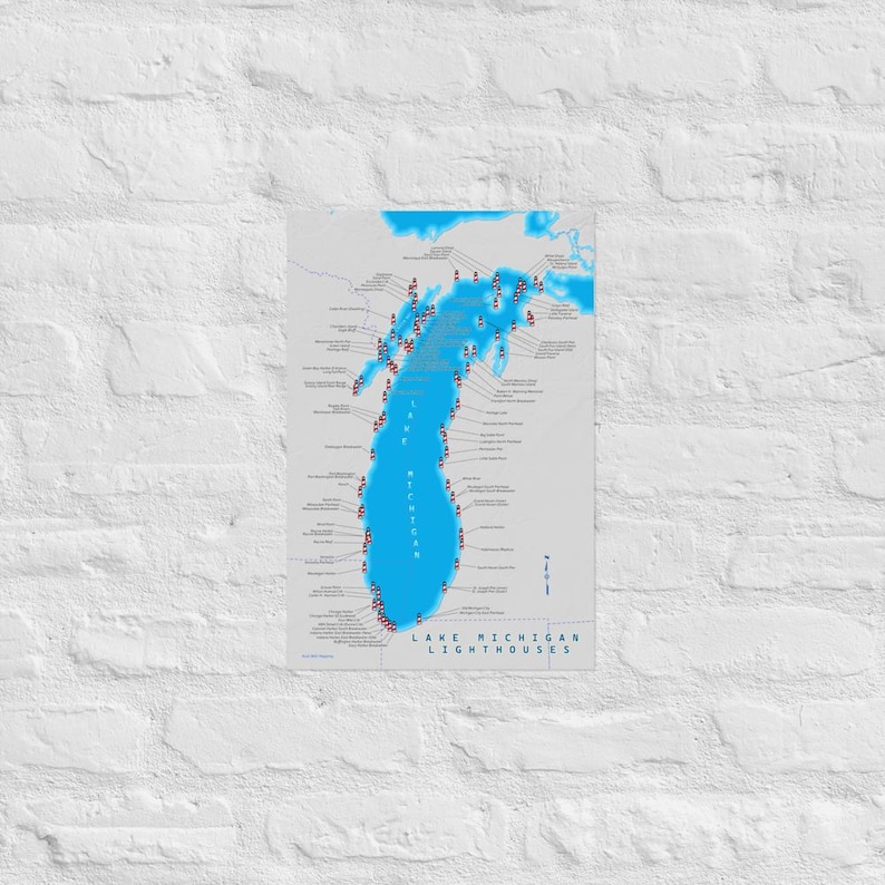 Lake Michigan Lighthouses Poster Map - Etsy