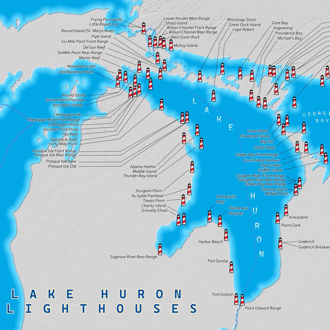 Lake Huron Lighthouses Poster Map - Etsy