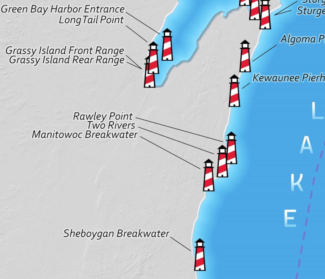 Lake Michigan Lighthouses Poster Map - Etsy