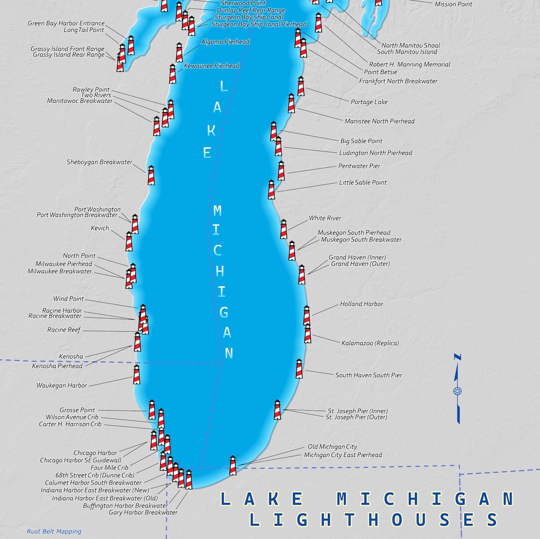 Lake Michigan Lighthouses Poster Map - Etsy