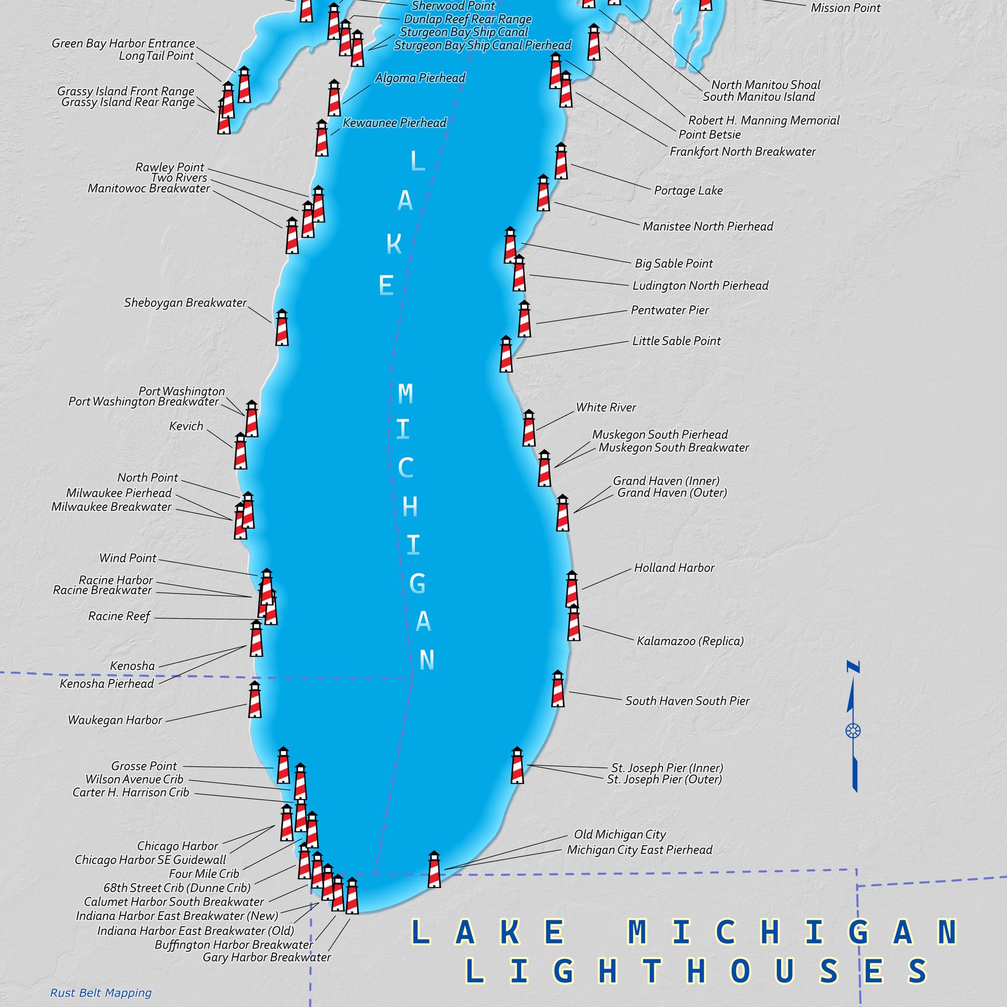 Lake Michigan Lighthouses Poster Map - Etsy