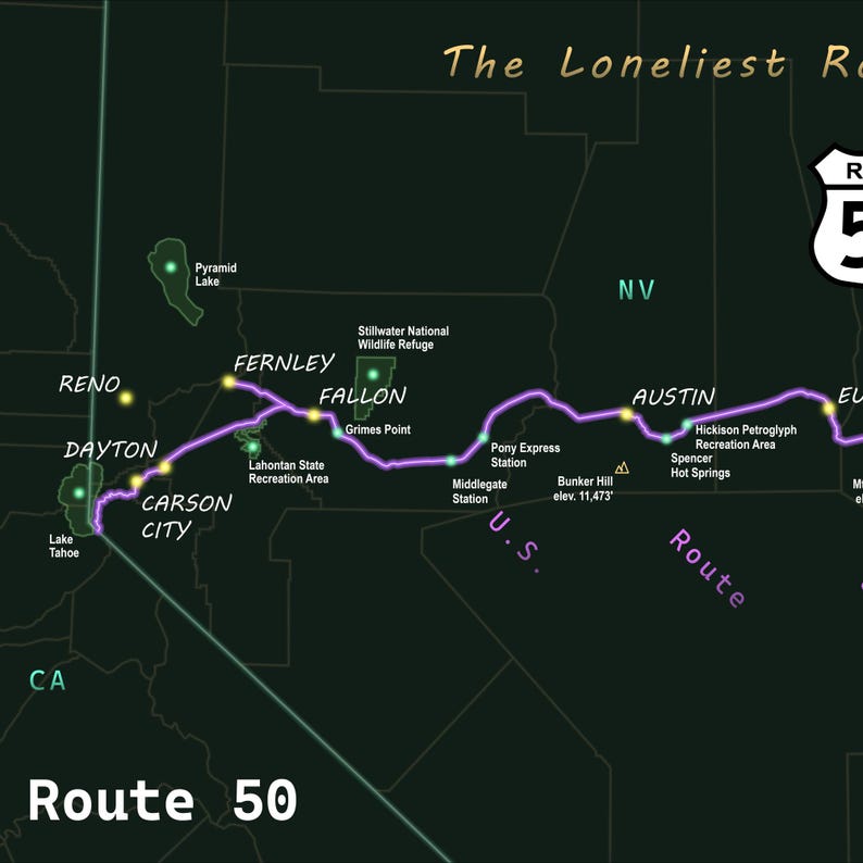 Route 50 nevada Poster Map - Etsy