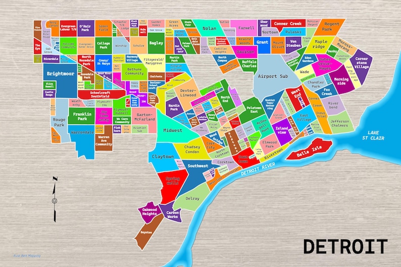 Detroit Neighborhoods Map - Etsy