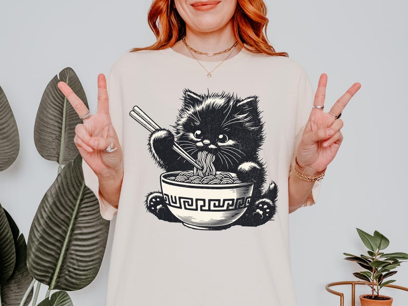 Vintage Cat Eating Ramen Comfort Colors® Shirt Black Kitten Eating ...