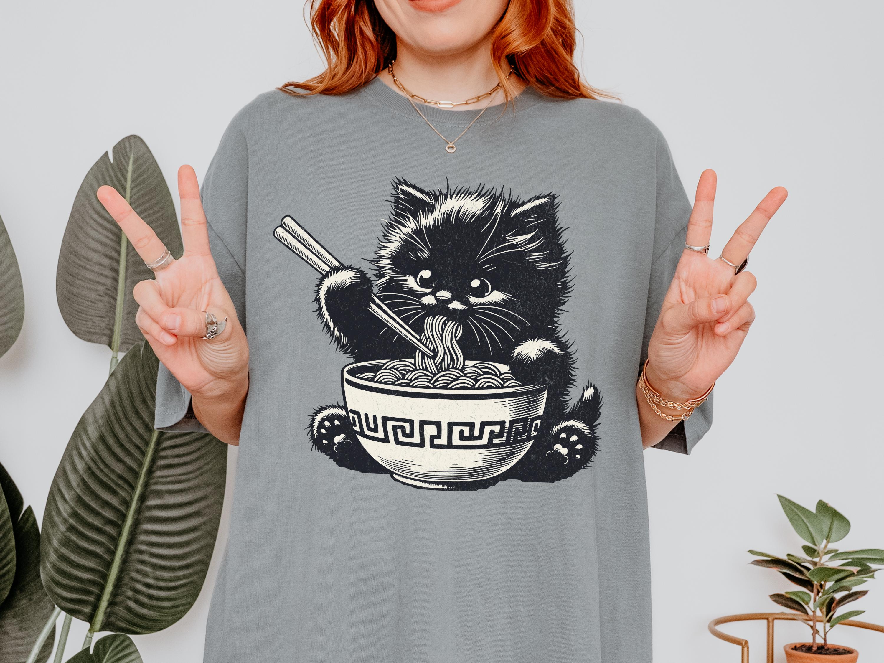 Vintage Cat Eating Ramen Comfort Colors® Shirt Black Kitten Eating ...