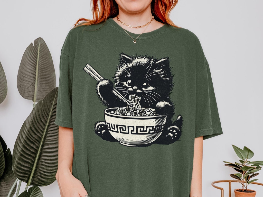 Vintage Cat Eating Ramen Comfort Colors® Shirt Black Kitten Eating ...