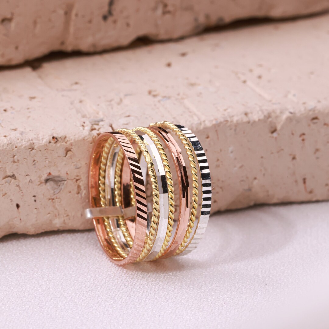 7 Days Ring, 10mm Wedding Ring, Hammered Multi-band Ring, Gift for Mom ...