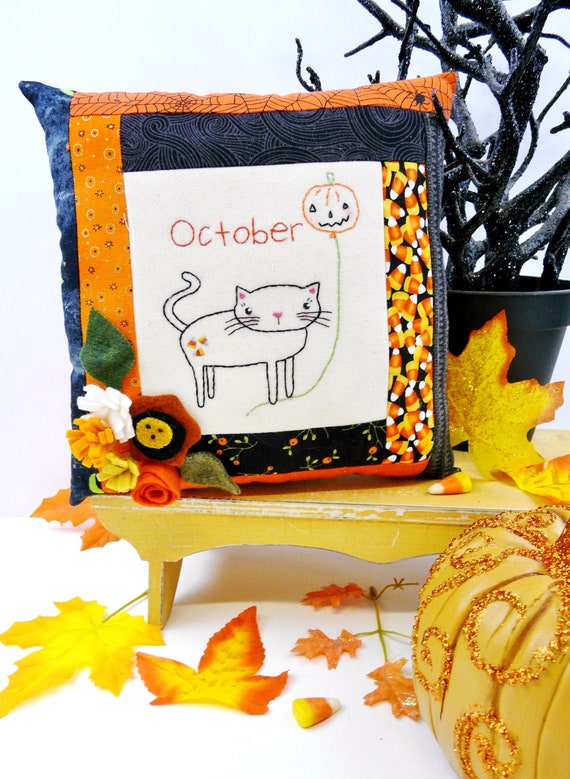 October Kitty Cat Embroidery Pillow Pattern PDF Stitchery - Etsy