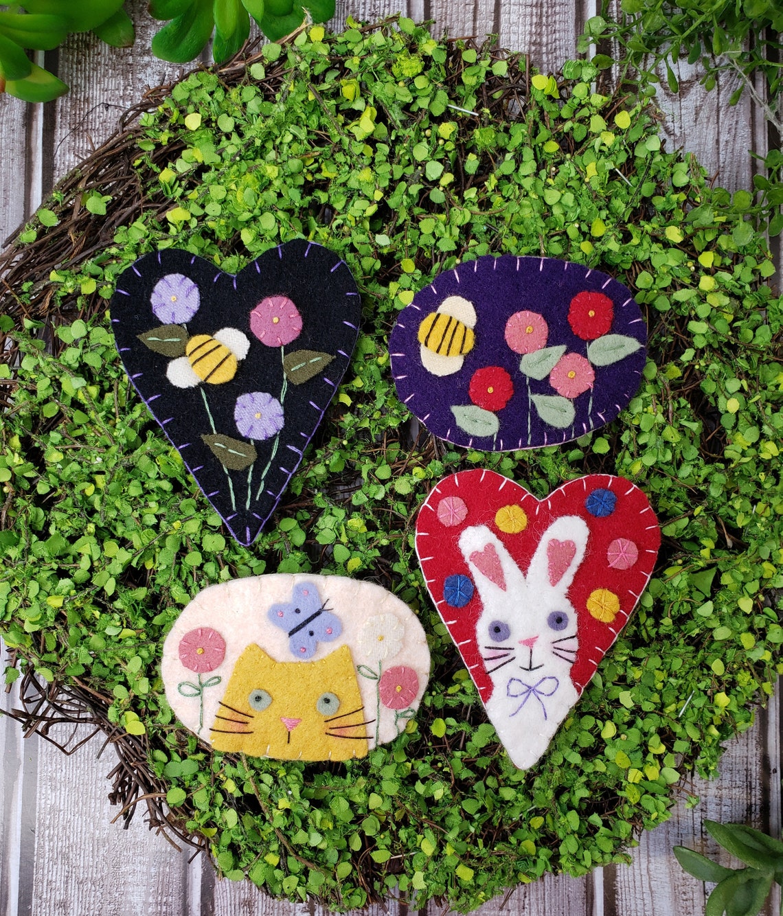 Spring Wool Pins PDF Pattern Rabbit Cat Bee Flowers Felt - Etsy