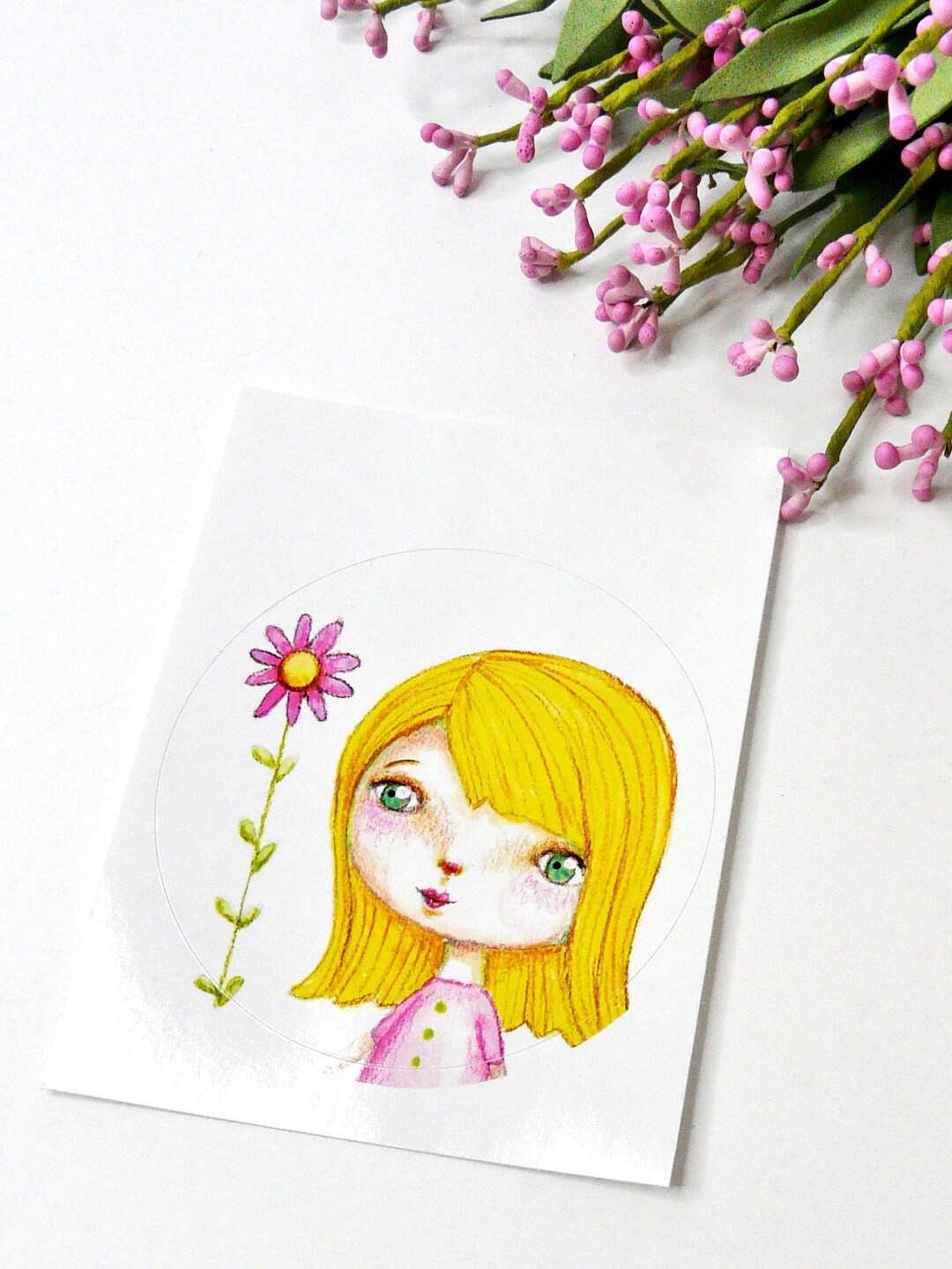 Blonde Girl With Flower Sticker - Art Artwork Vibrant Color Waif Kid ...