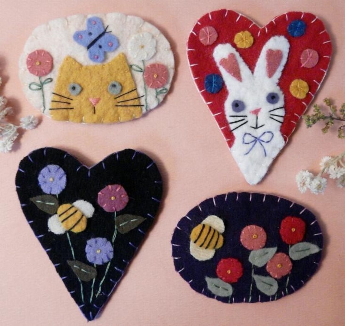 Spring Wool Pins PDF Pattern Rabbit Cat Bee Flowers Felt - Etsy