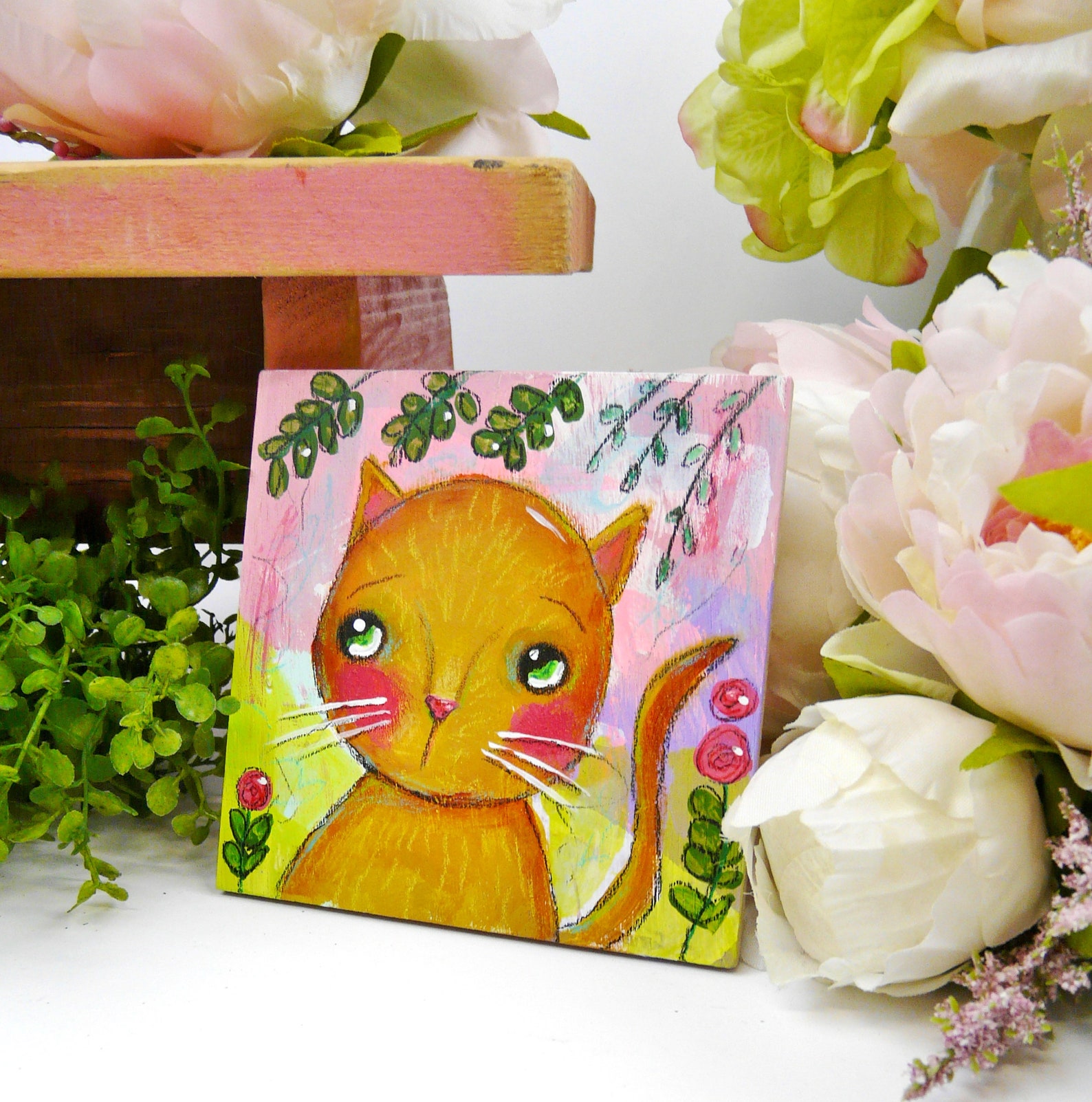 Wistful Kitty Cat Original Painting Yellow Tabby Flowers - Etsy