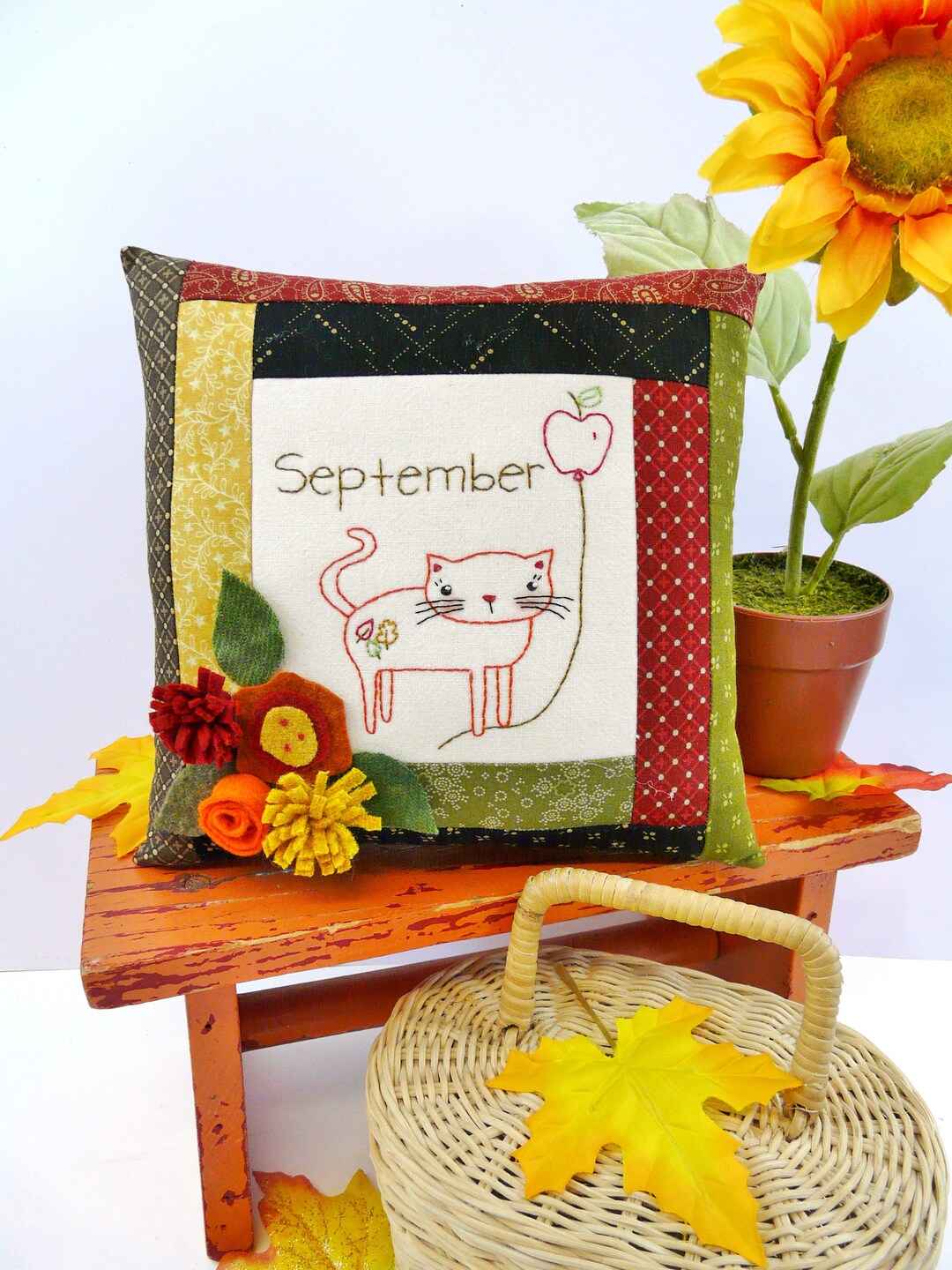 September Kitty Cat Embroidery Pillow Pattern PDF - Stitchery Wool Felt ...
