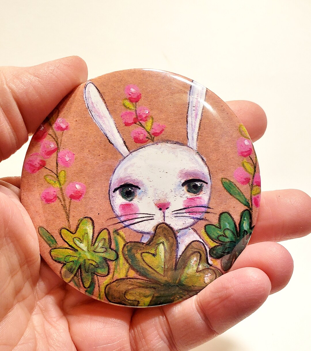 Lucky Bunny Big Art Button 3 Inches - Pin Painting Print - Artwork ...