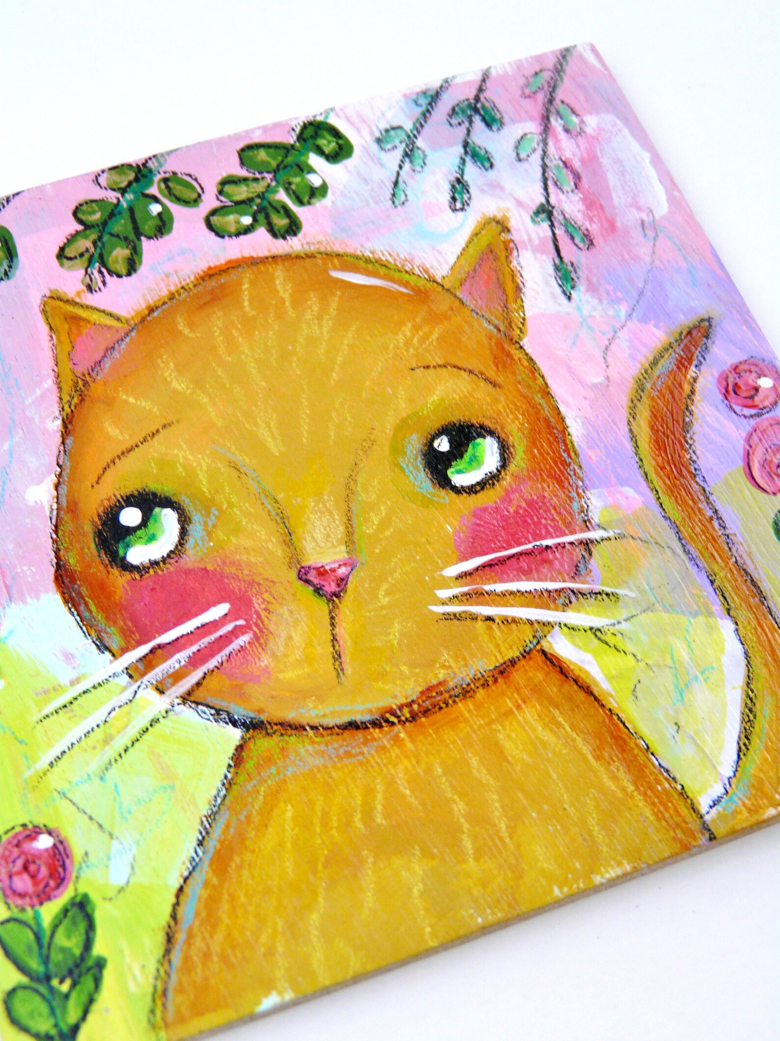 Wistful Kitty Cat Original Painting Yellow Tabby Flowers - Etsy
