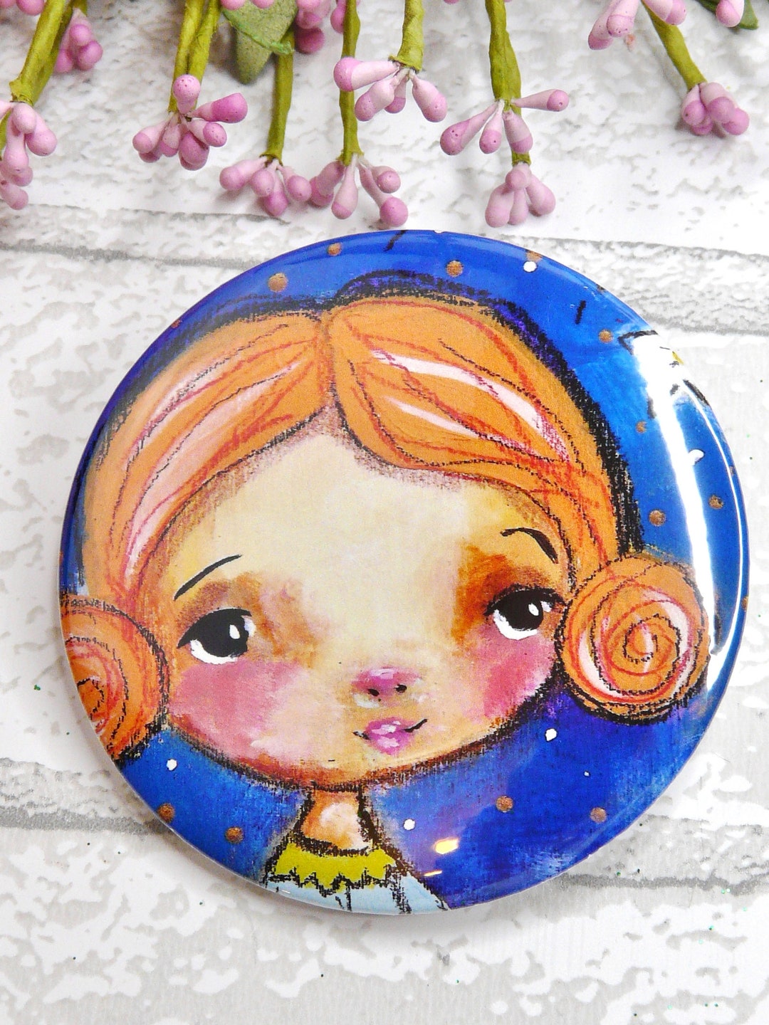 Starry Night Girl Big Art Button 3 Inches - Pin Painting Print - Art ...