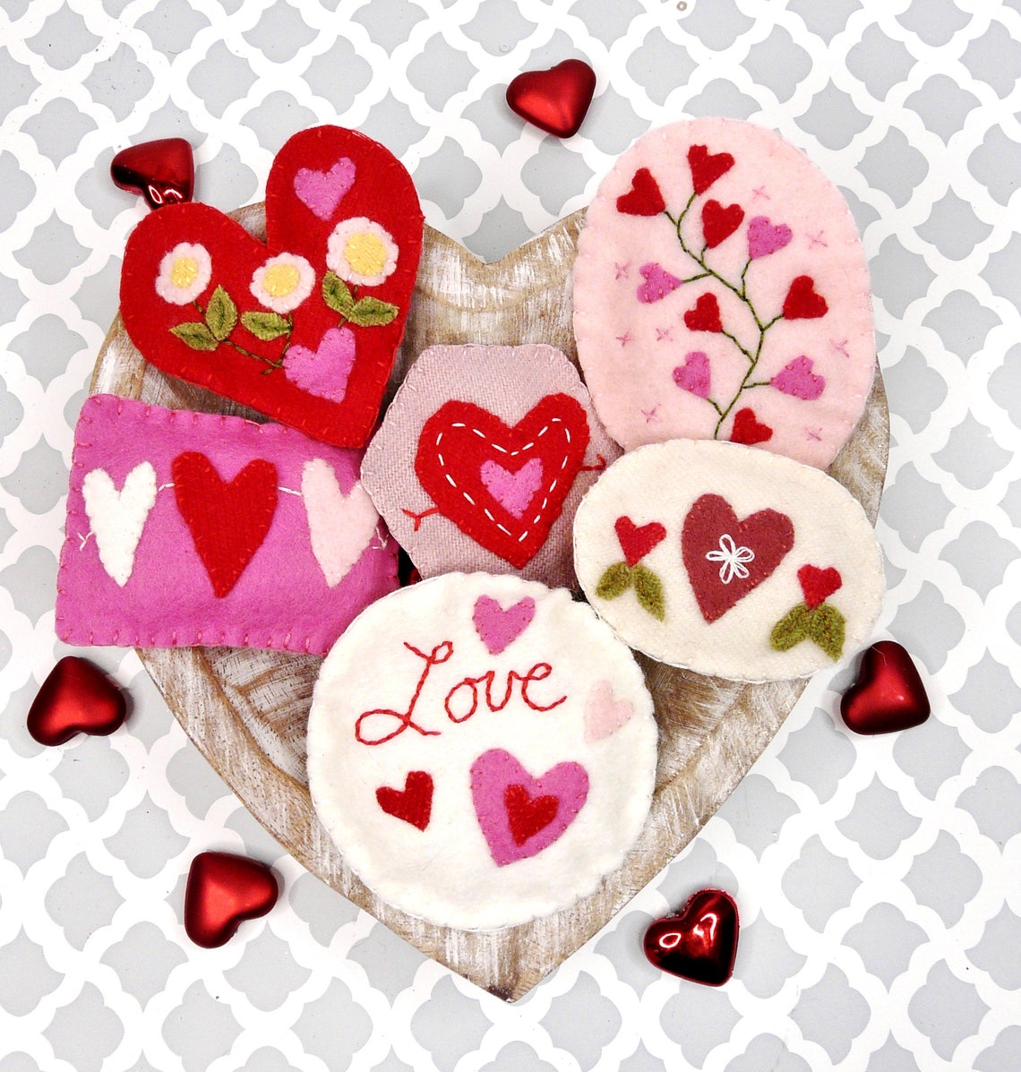 Sweet Valentine Wool Ornaments Pattern - PDF Felt Stitchery Heart ...