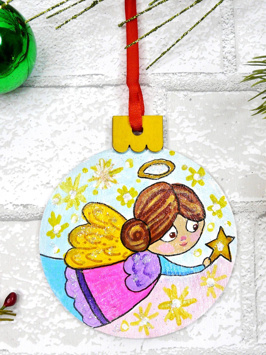 Christmas Flying Angel Ornament - Glitter Hand Painted Wood Collectible ...