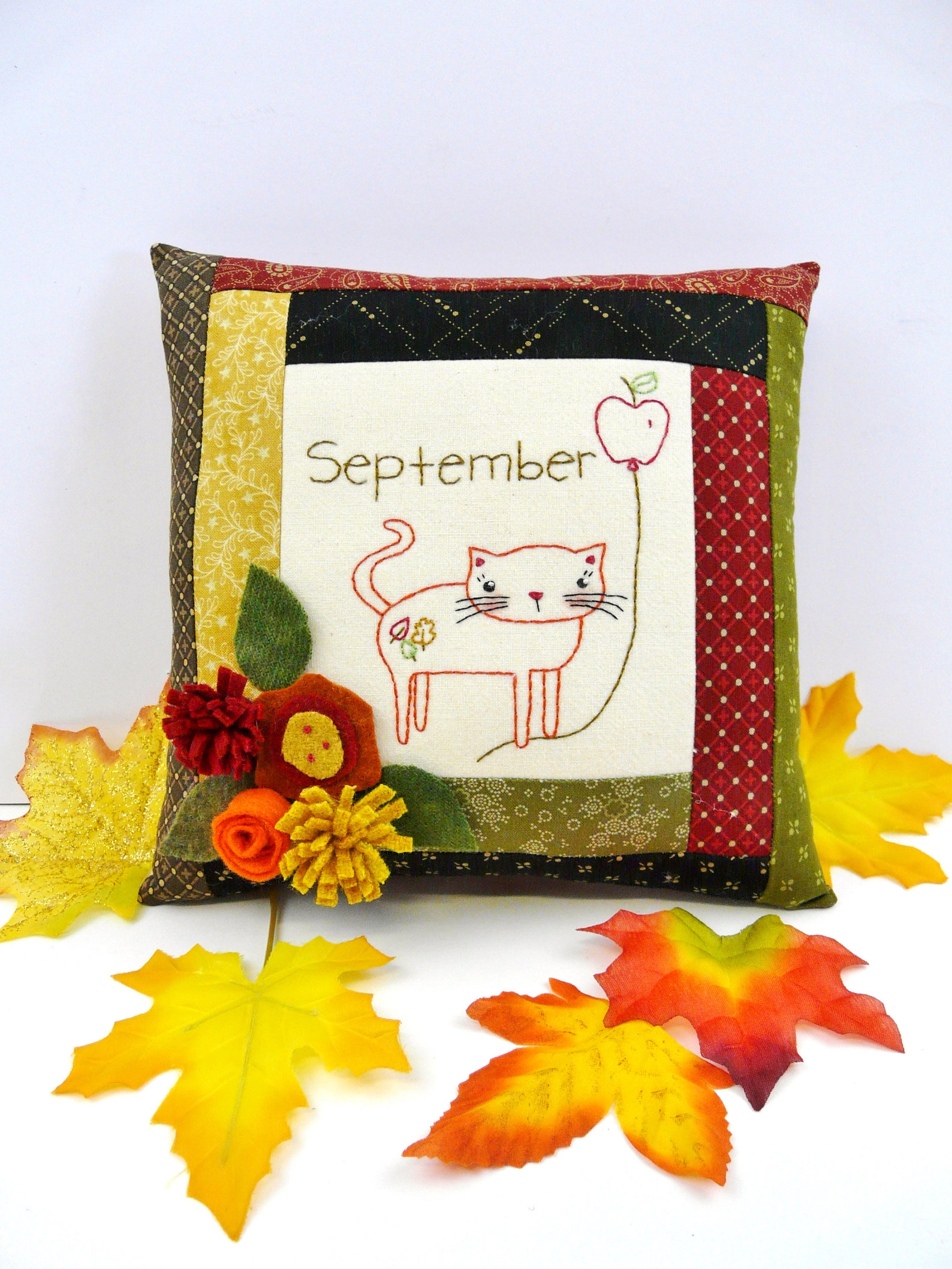 September Kitty Cat embroidery pillow Pattern PDF stitchery | Etsy