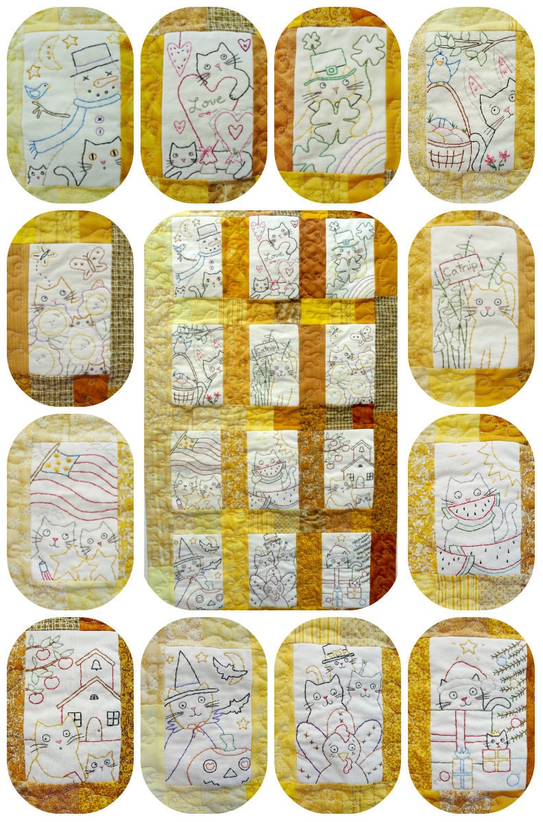12 Month Kitty Cat Quilt PDF Pattern - Embroidery Designs Seasonal ...