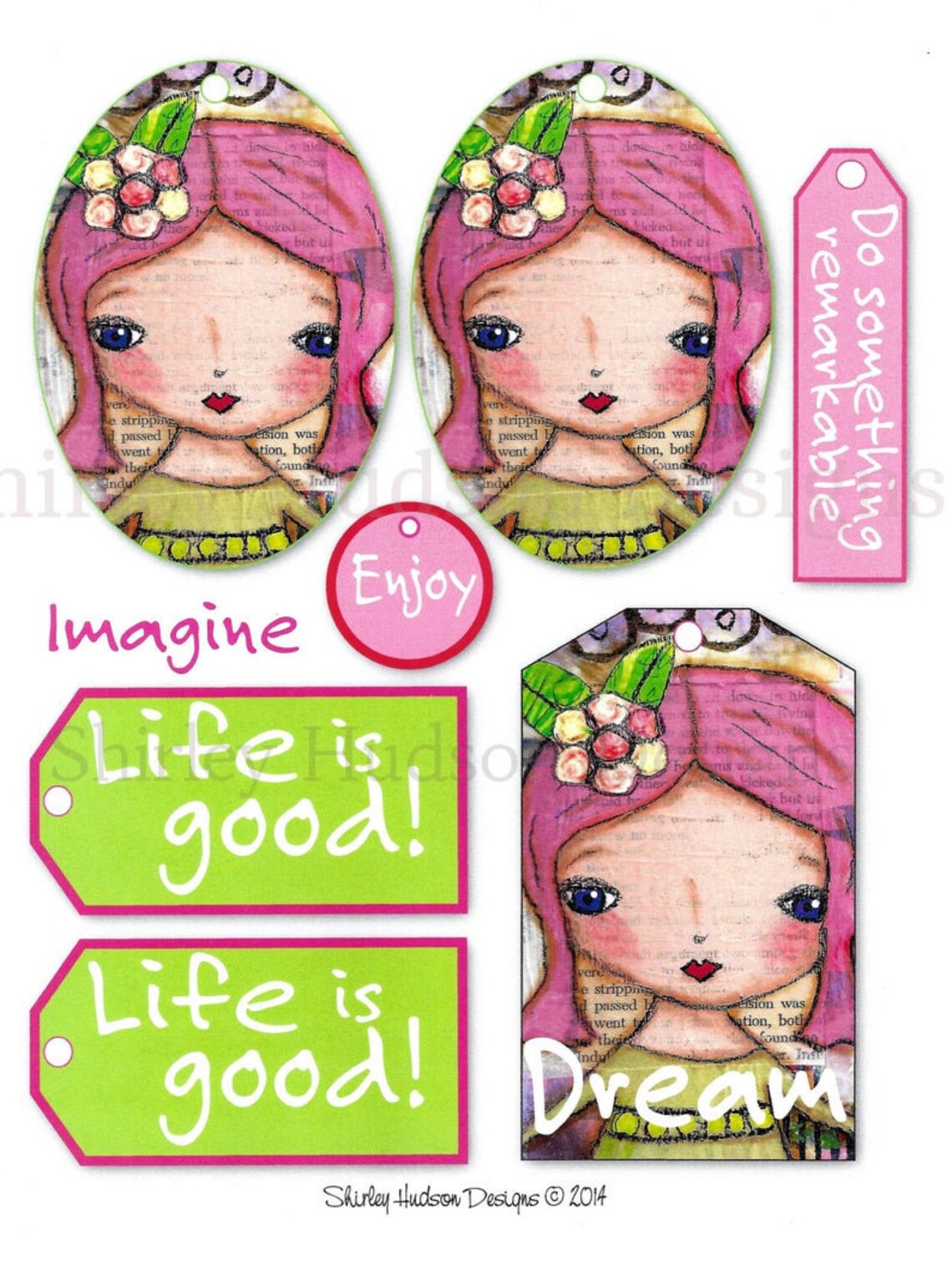 Life is good tags PDF collage art sheet Pink girl acrylic | Etsy