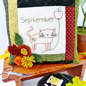 September Kitty Cat Embroidery Pillow Pattern PDF - Stitchery Wool Felt ...