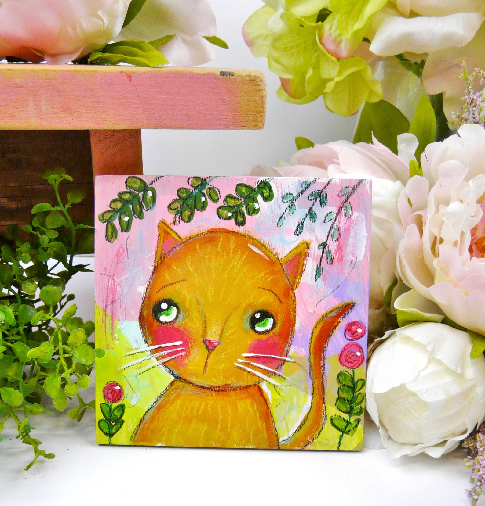 Wistful Kitty Cat original painting yellow tabby Flowers | Etsy