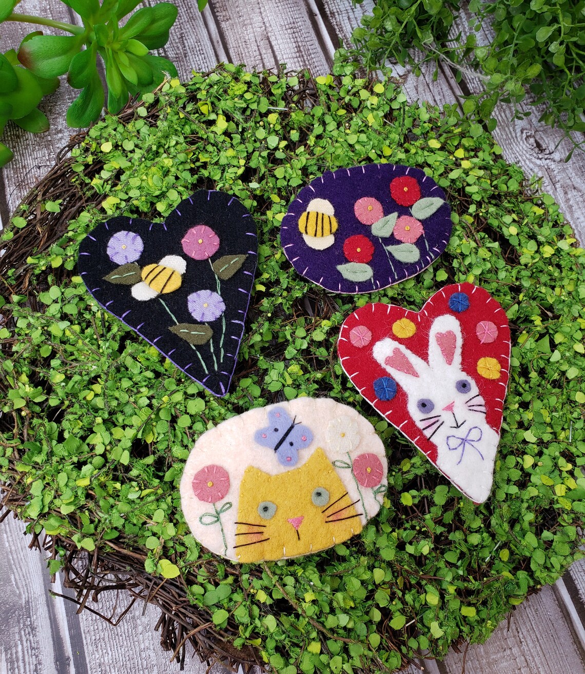 Spring Wool Pins PDF Pattern Rabbit Cat Bee Flowers Felt - Etsy