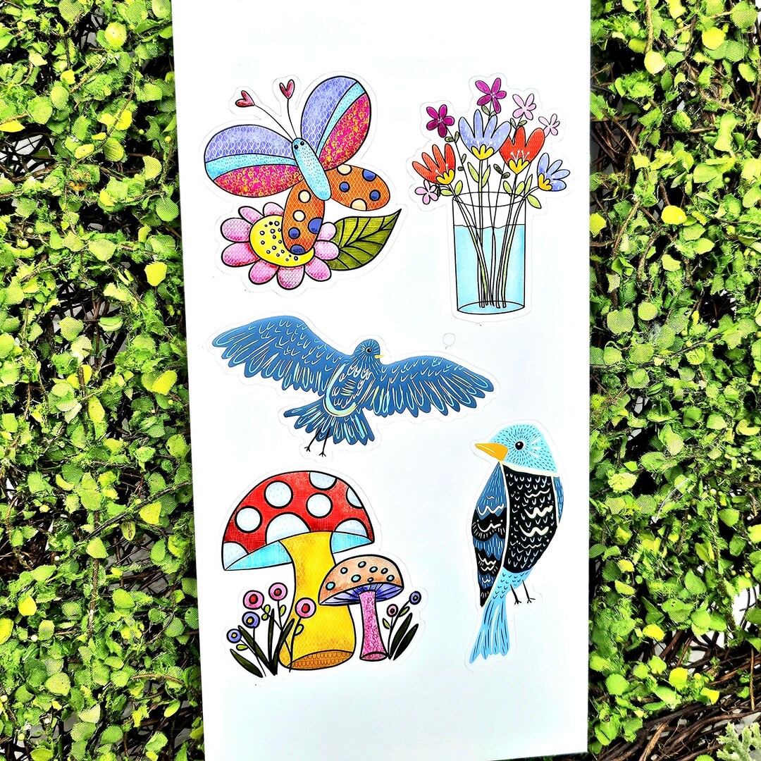 Bright Nature Sticker Sheet- Art Artwork Butterfly Bird Mushroom ...