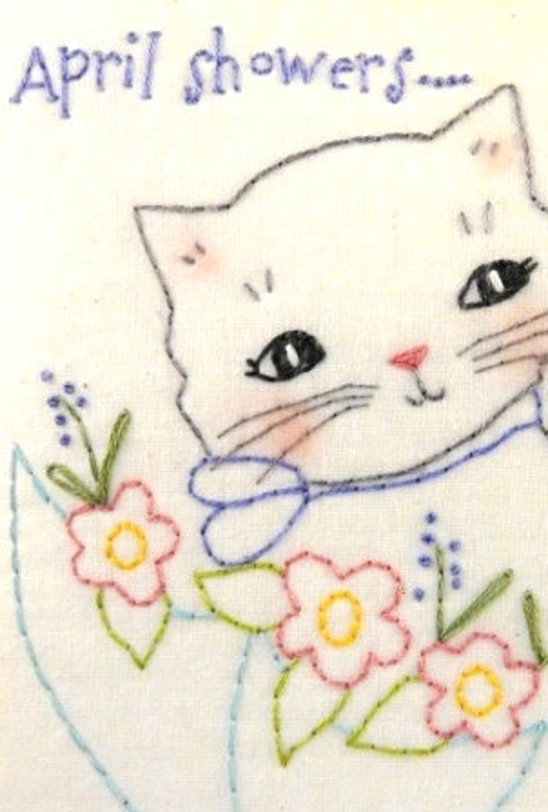 April Showers Kitty Embroidery Pattern PDF - Stitchery Umbrella May ...